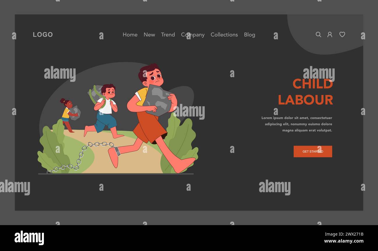 Child labor concept. Young children of different ages burdened by heavy ...