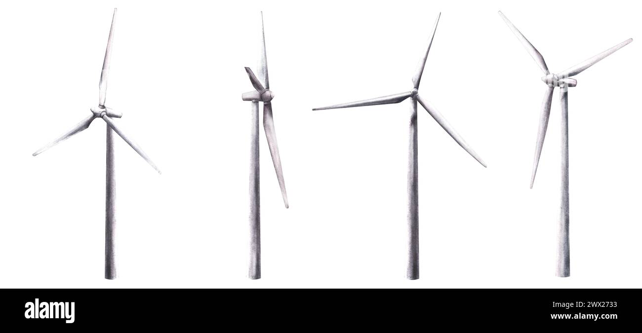 Watercolor eco wind turbine, windmills set. Hand drawn illustration ...