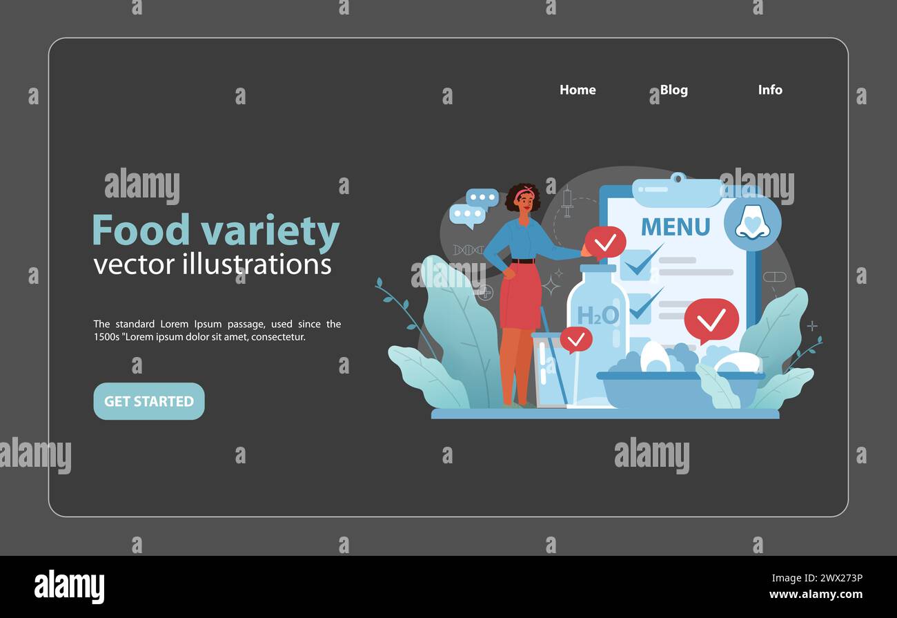 Dietary Choices Illustration. A woman stands by a diverse food menu and ...