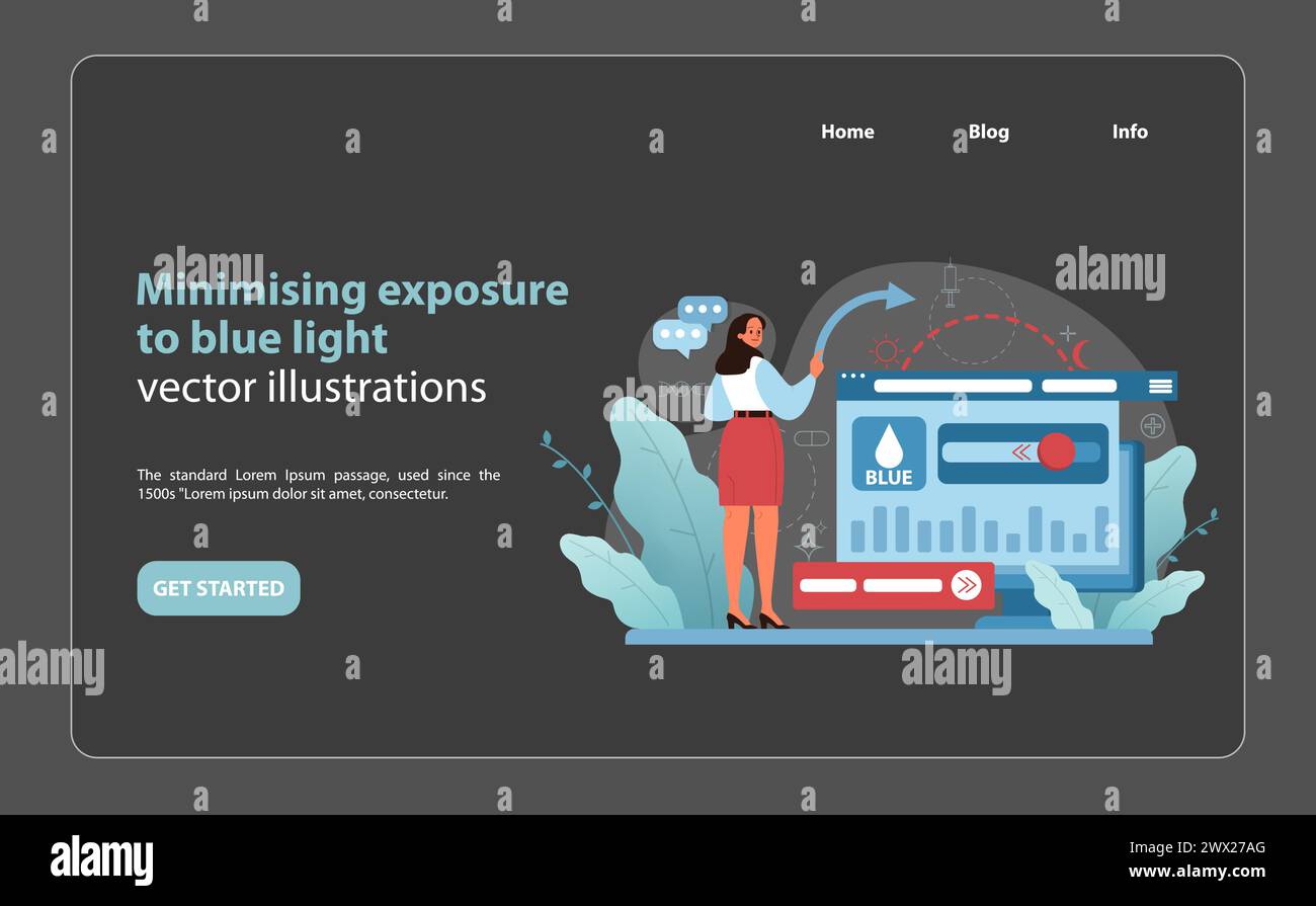 Blue Light Reduction Illustration. A woman interacts with a display highlighting features to ...