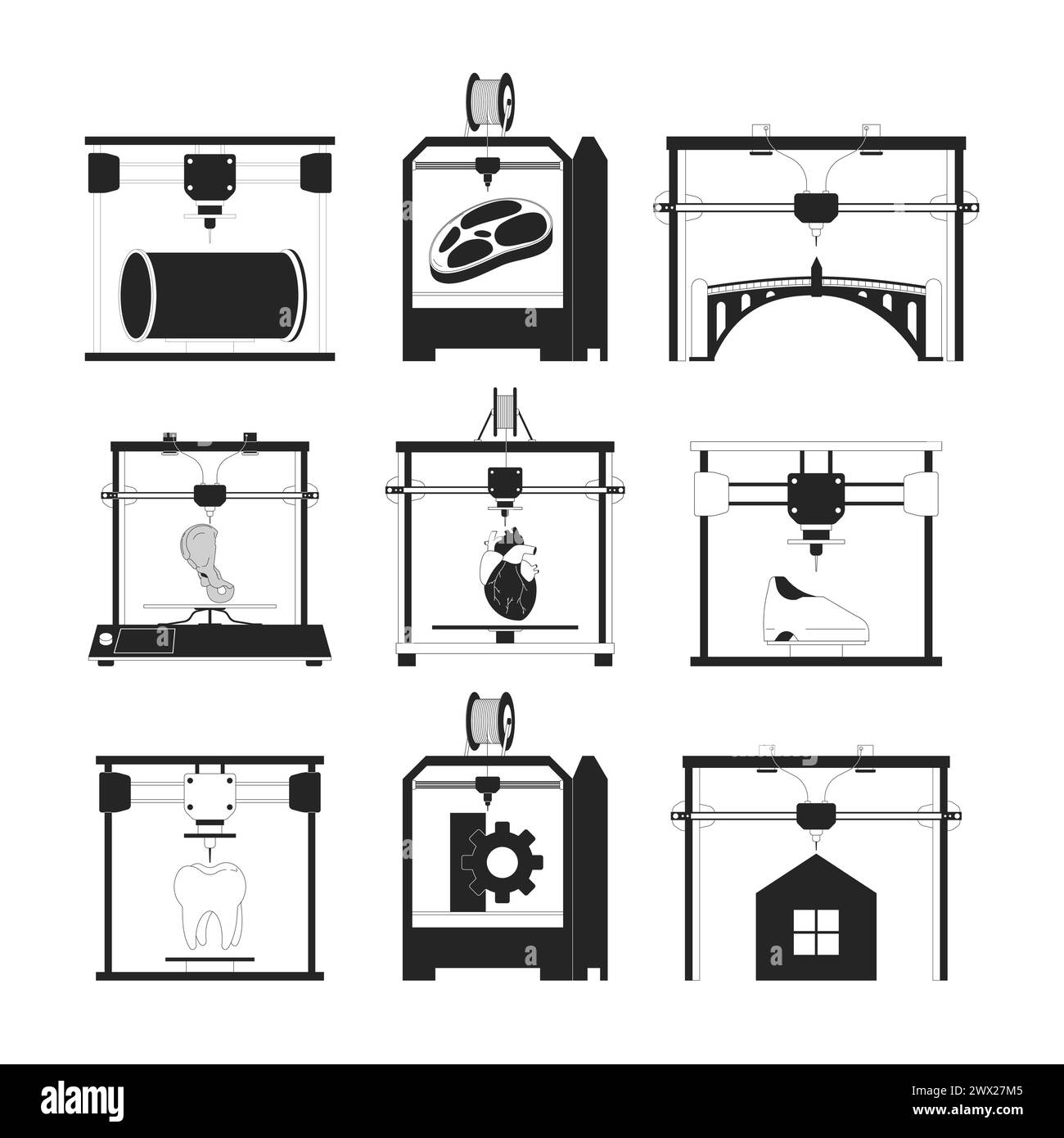 3D printed products and parts black and white 2D line cartoon objects ...