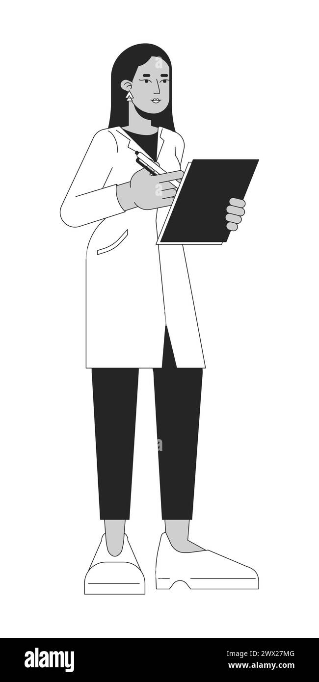 Female doctor with clipboard black and white 2D line cartoon character ...