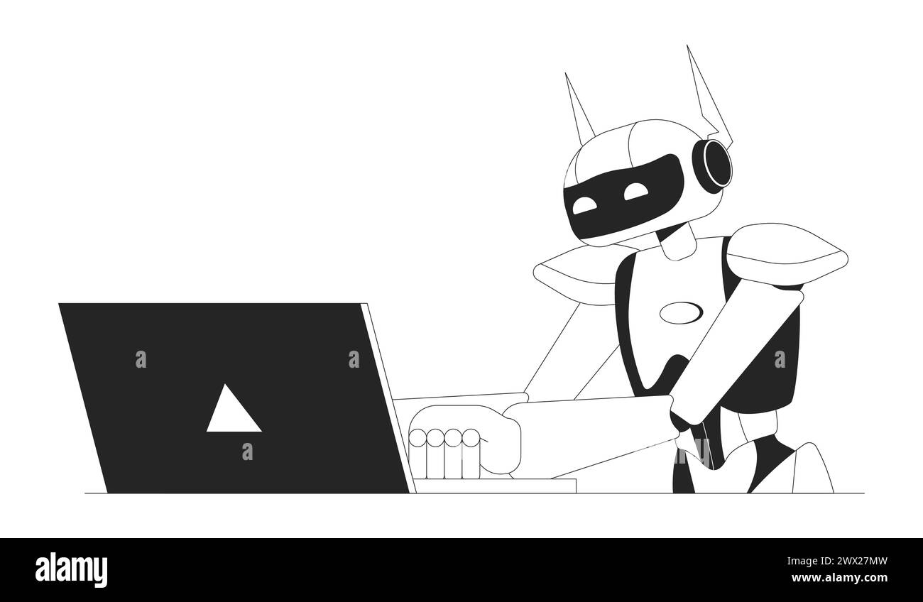 Artificial Intelligence Black And White 2d Line Cartoon Character Stock
