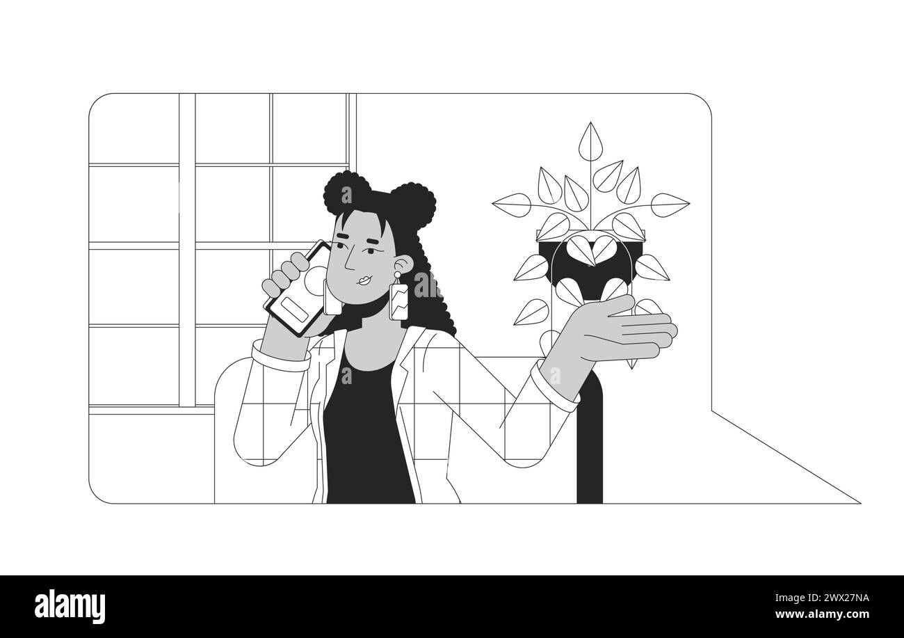 Woman talking on phone black and white 2D line cartoon character Stock ...