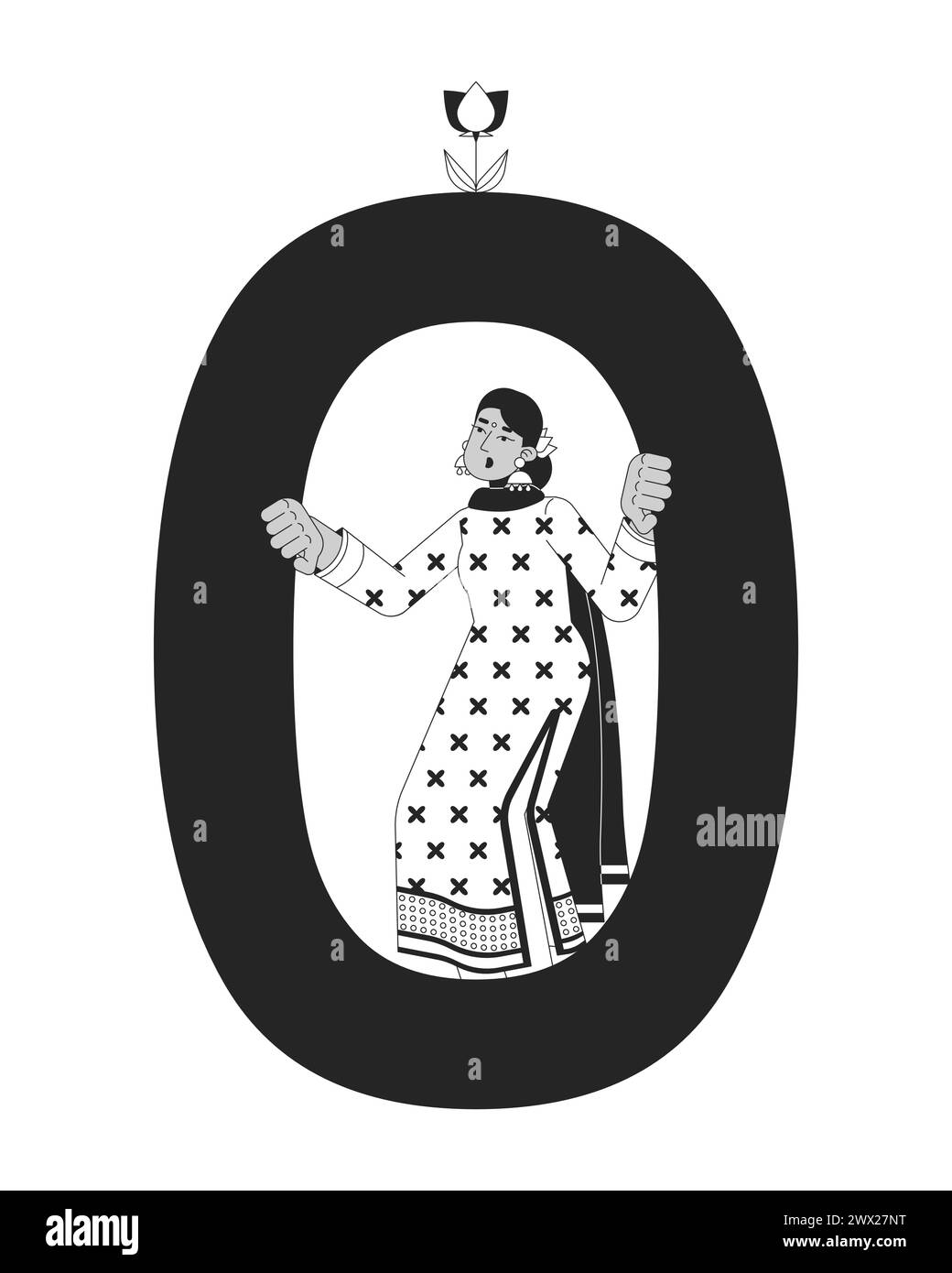 Indian Female Software Developer Black And White 2d Line Cartoon