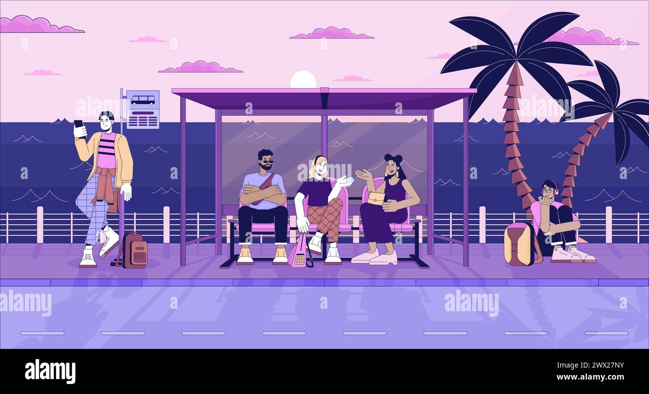 Seaside bus stop crowded line cartoon flat illustration Stock Vector ...