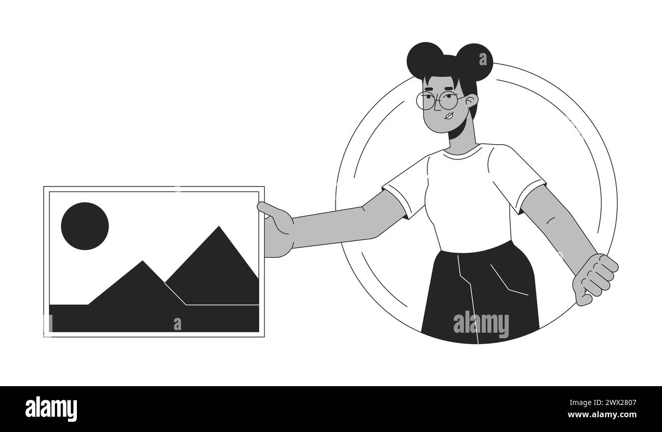 African American Woman Artist Black And White 2d Line Cartoon Character