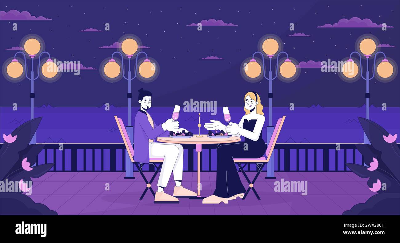 Romantic restaurant near seaside line cartoon flat illustration Stock ...