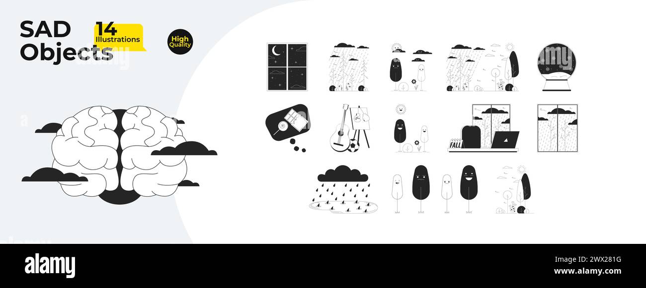 Seasonal depression weather black and white 2D line cartoon objects ...