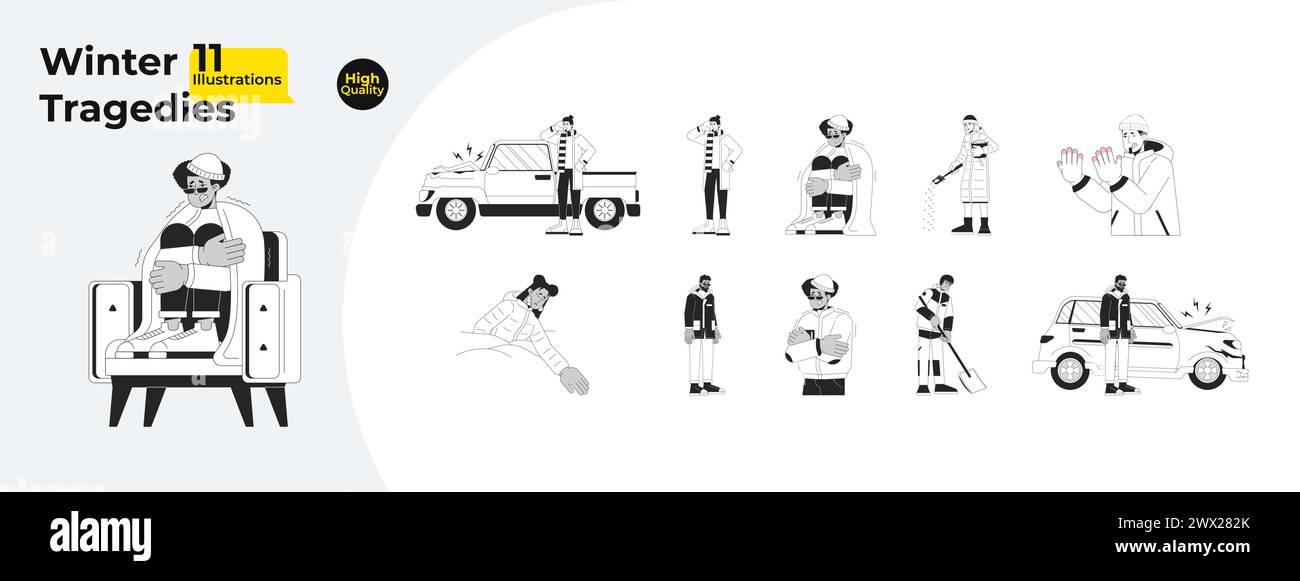 Freezing cold weather black and white cartoon flat illustration bundle ...