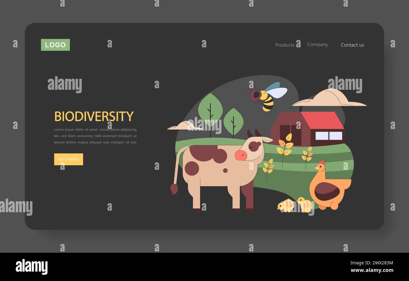 Biodiversity concept. Diverse farm life with livestock, poultry, and ...