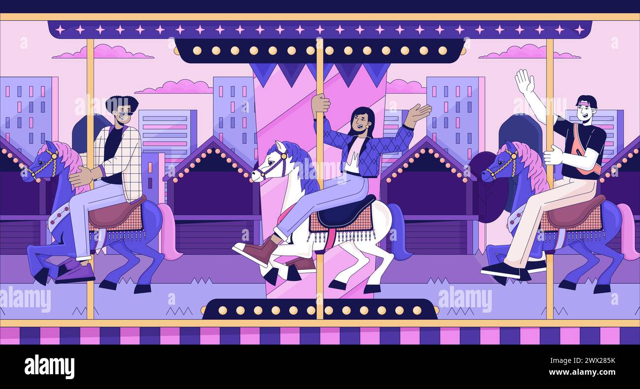 Friends on carousel amusement park line cartoon flat illustration Stock ...