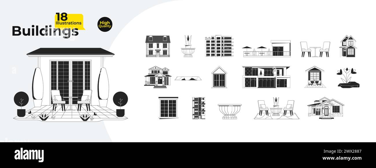 Entrance building backyard decor black and white 2D line cartoon ...