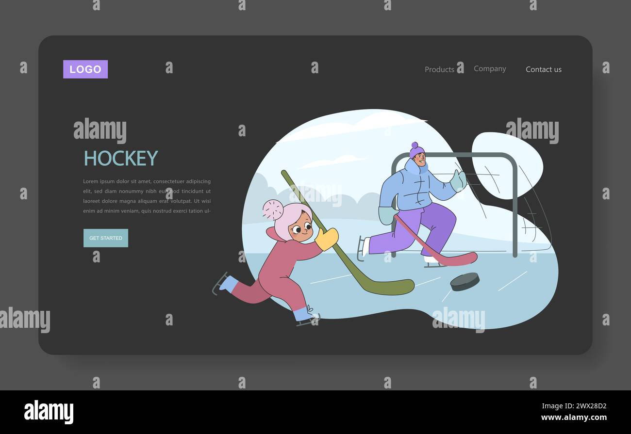 Winter sports fun. A child and parent enjoy a playful game of hockey on ...