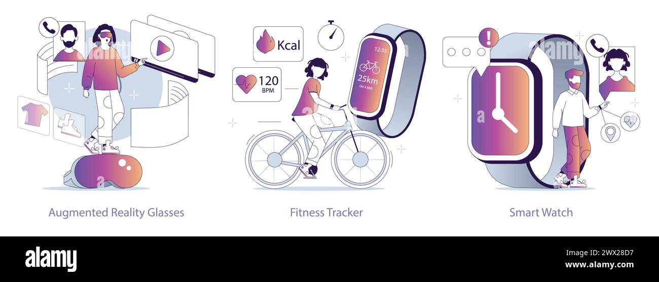 Wearable Tech set. Augmented reality glasses, fitness tracker, and ...