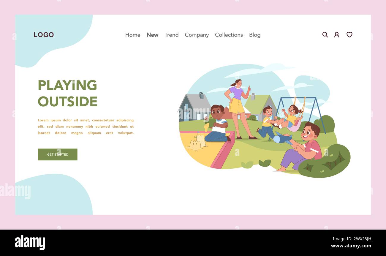 Outdoor playtime at kindergarten. Children enjoying sandbox and swings ...