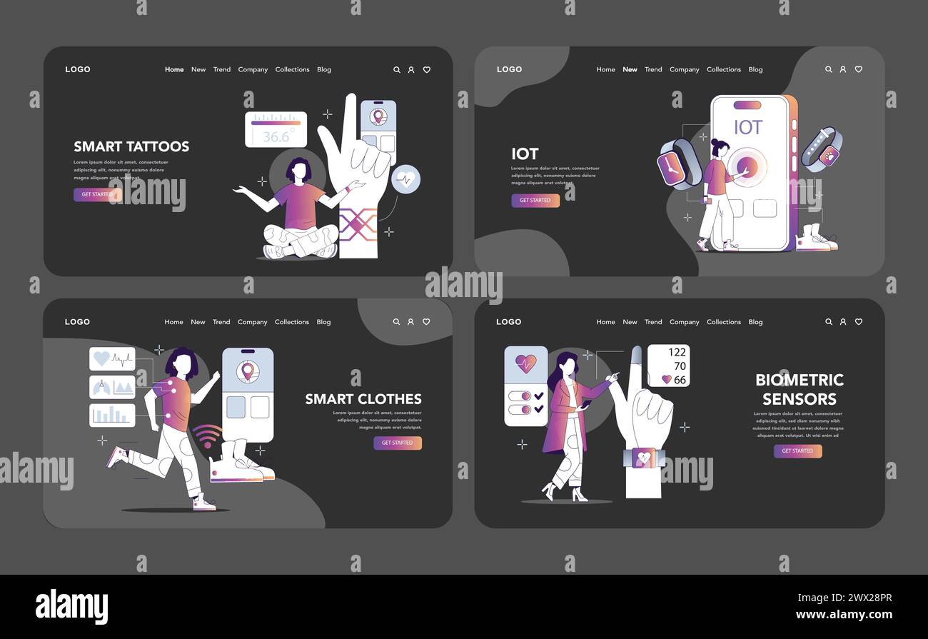 Wearable technology night or dark mode web or landing page set ...