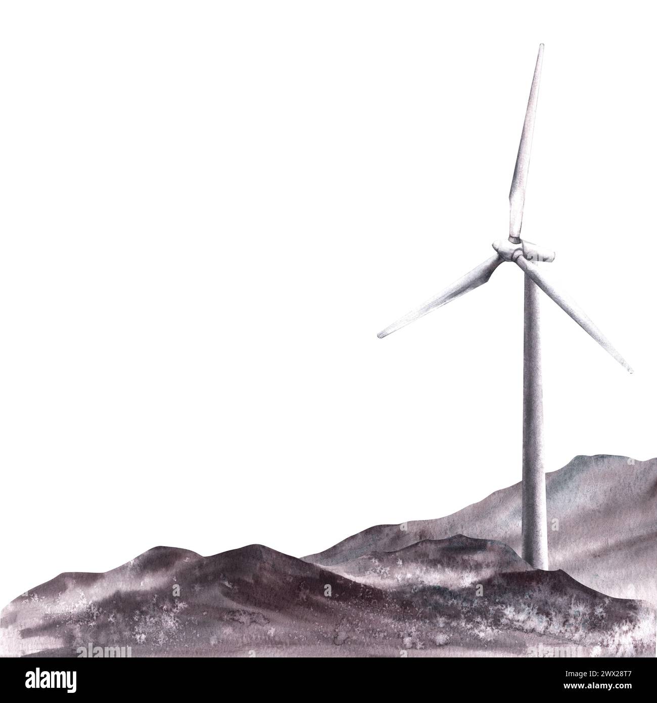 Watercolor monochrome landscape with windmills, wind turbine on ...