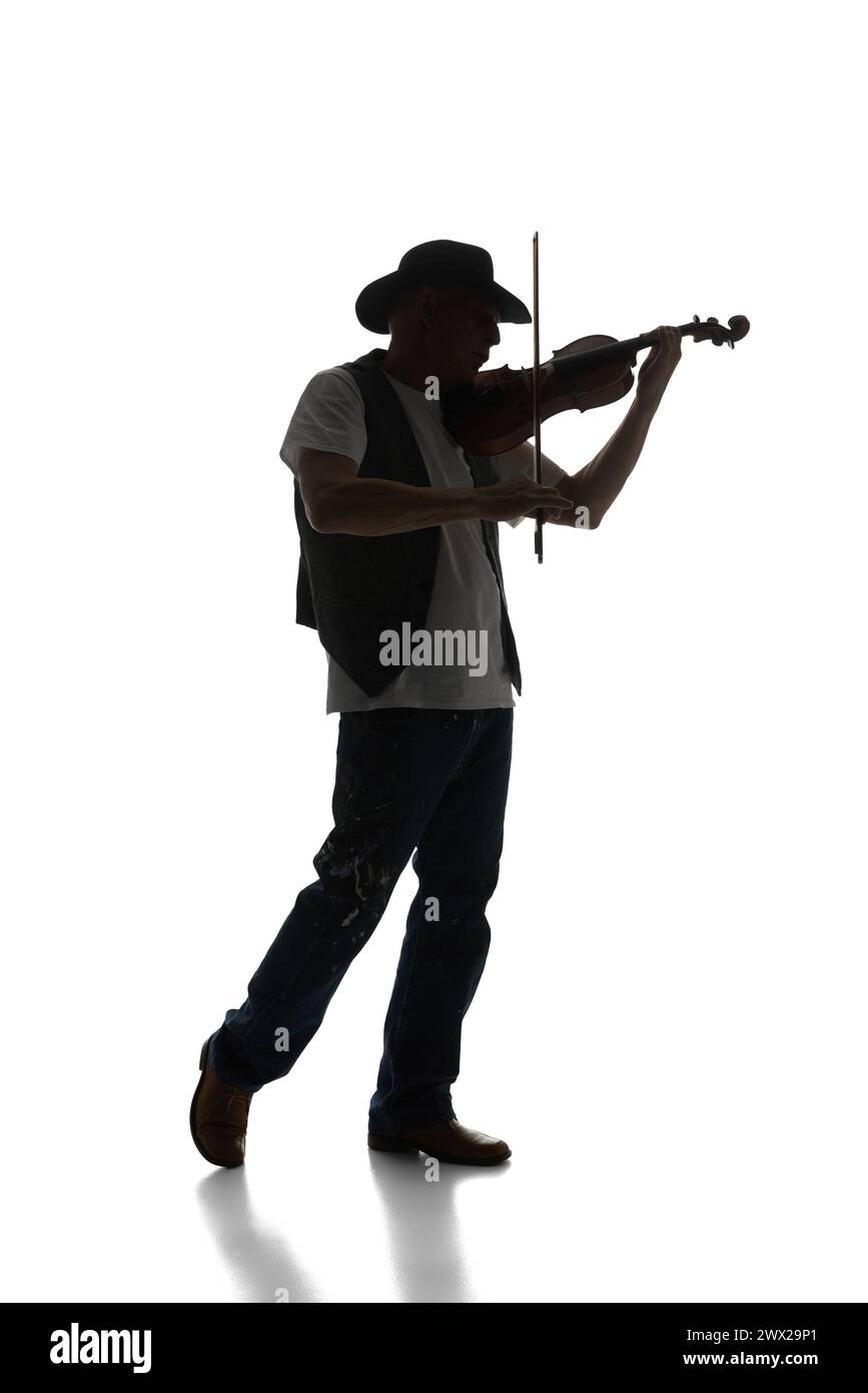 Talented man, silhouette of man playing violin isolated over white ...