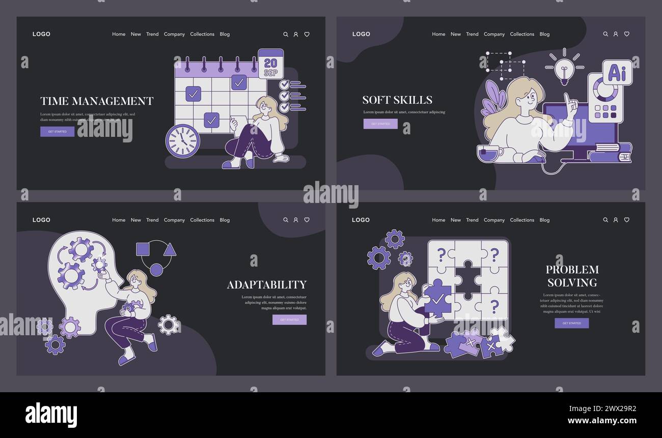 Web template set focusing on Soft Skills. Time Management, Adaptability ...
