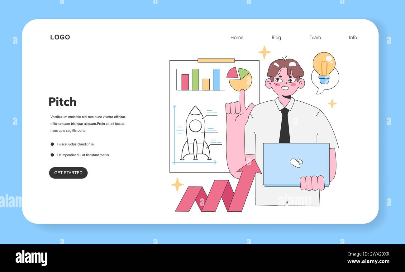 Pitch preparation concept. Energetic man with laptop, pointing at a ...