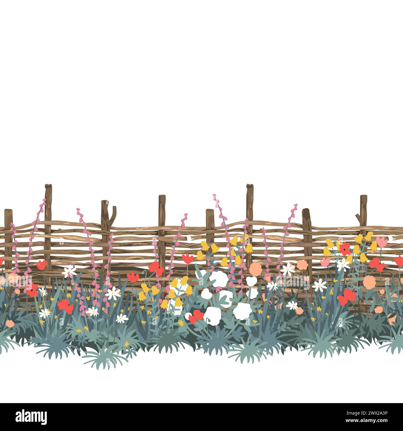Flowers and wicker fence made of flexible willow or hazel wood ...