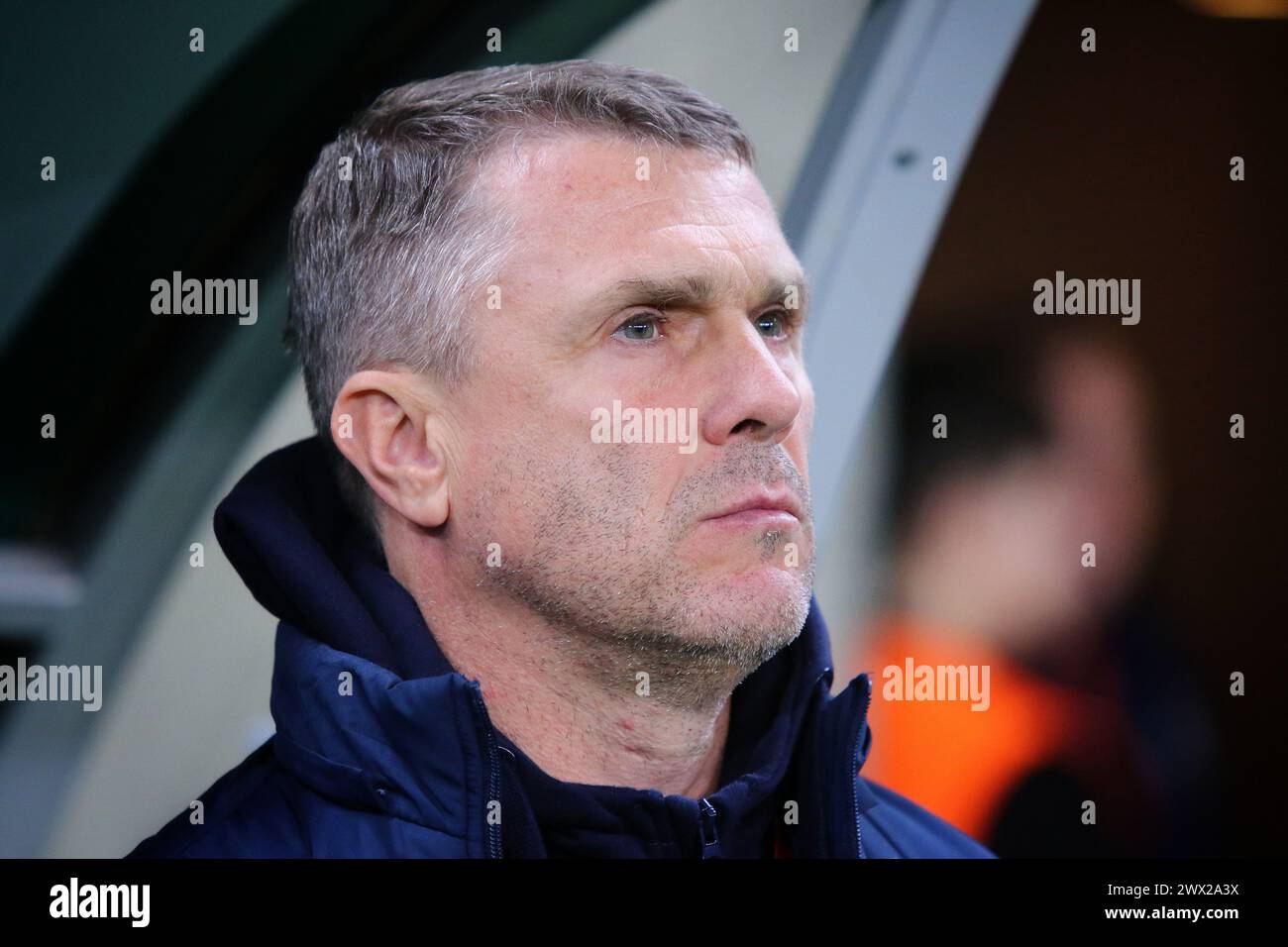 Wroclaw, Poland. 26 Mar 2024. Ukrainian manager Serhiy Rebrov looks on ...