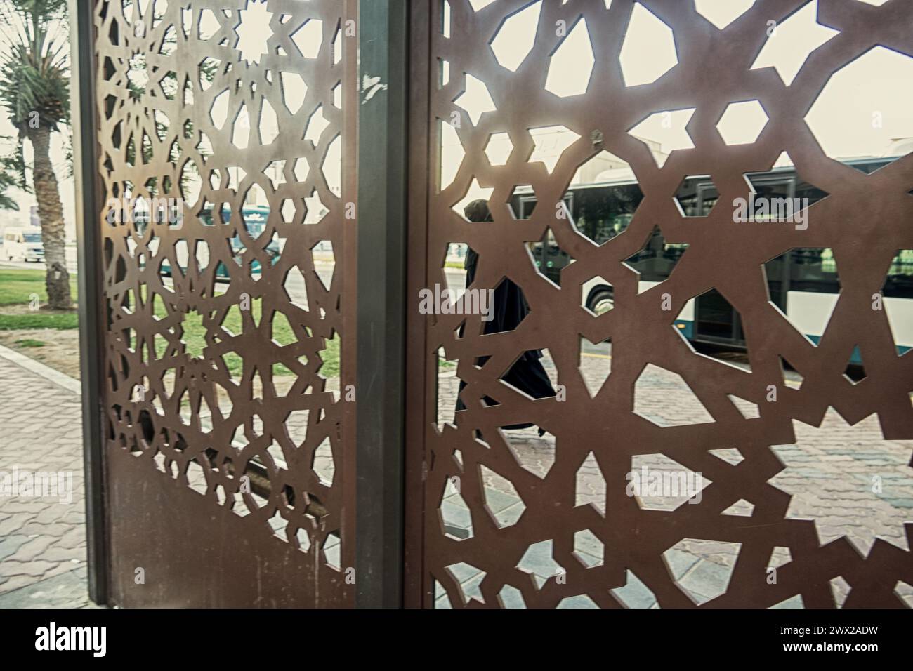 Abu Dhabi, Arab Emirates. Openwork metal gate in Muslim Arabic style ...