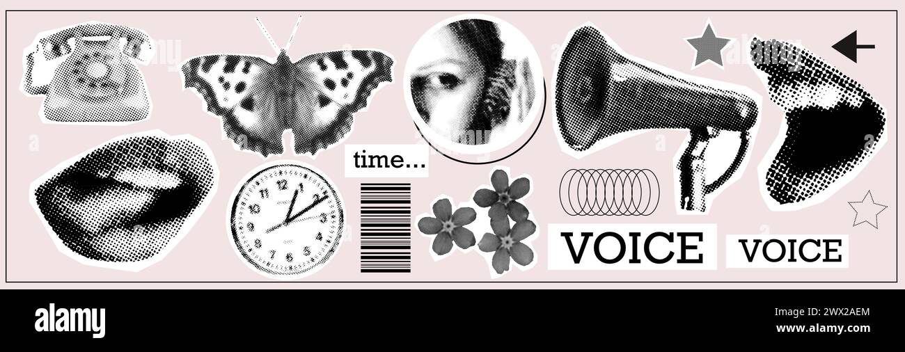 Vintage collage. Halftone hands, mouth, clock. Screaming into a ...