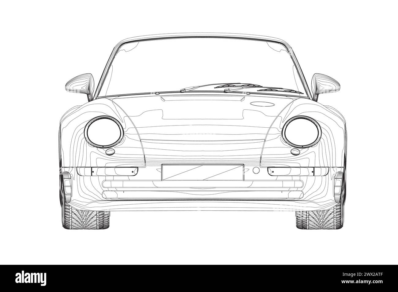 Outline of a sports car made of black lines isolated on a white background. Front view. Vector ...