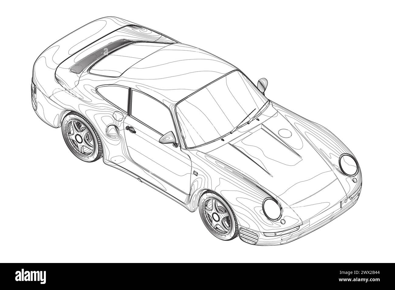 Outline of a sports car made of black lines isolated on a white background. Isometric view ...