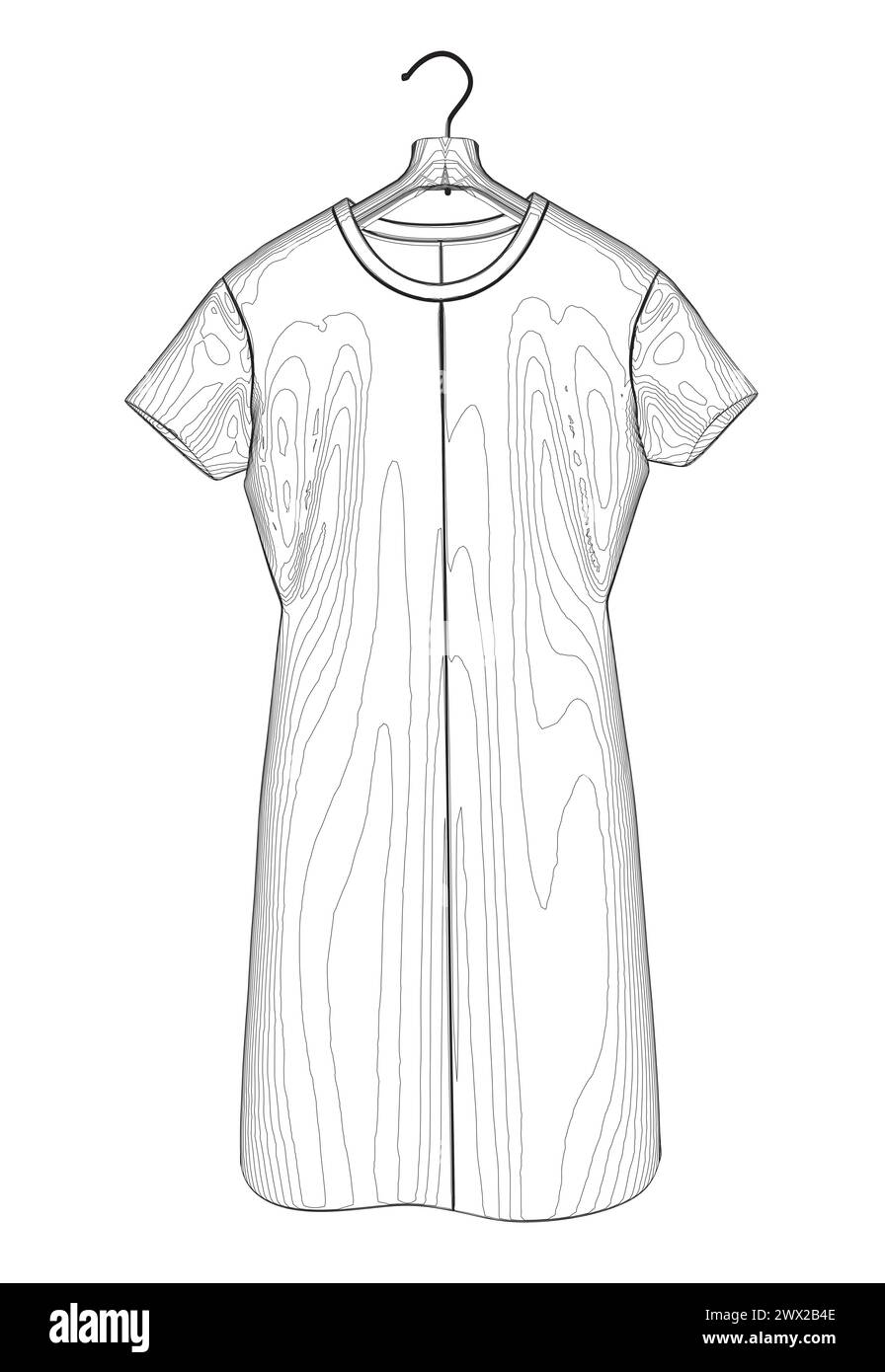 Outline of a woman's dress hanging on a hanger made of black lines isolated on a white ...