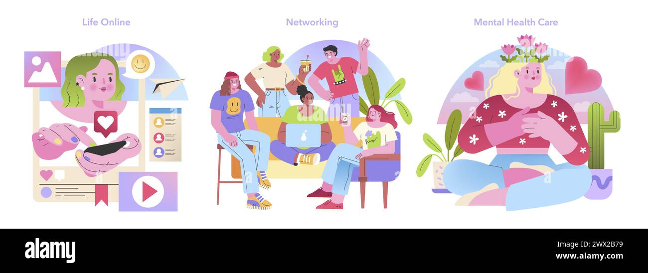 Connected Generation set. Youth immersed in social media, networking ...