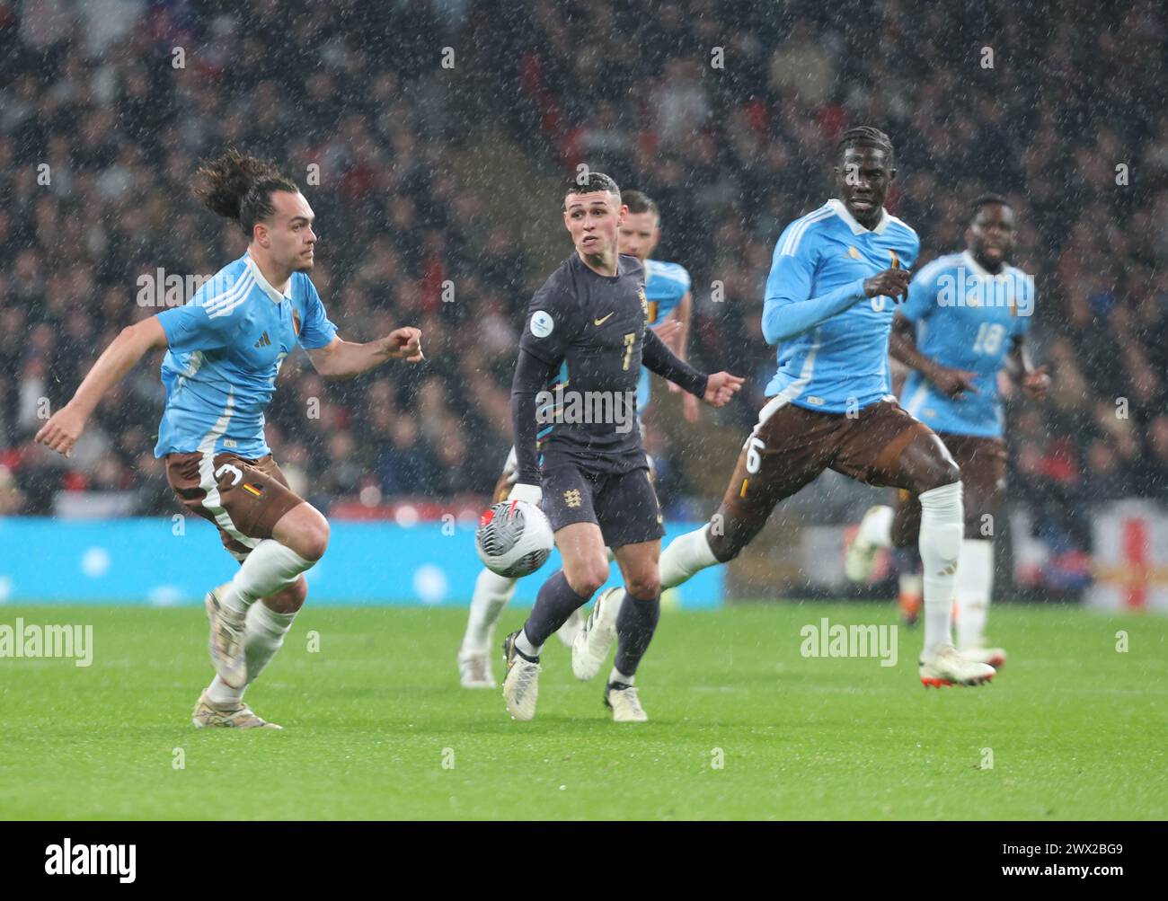 L-R Arthur Theate(Rennes)of Belgium Phil Foden (Man City)of England and ...