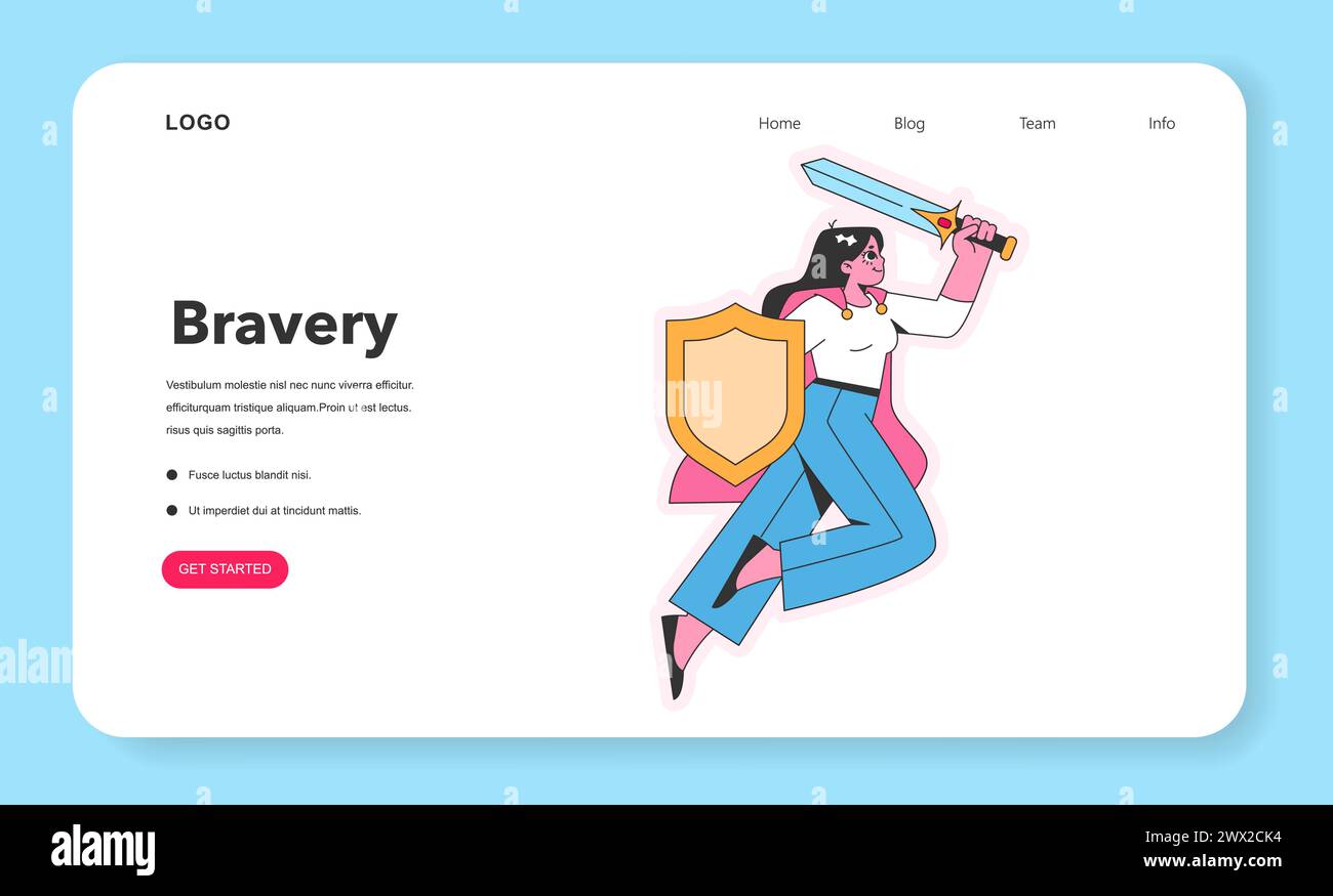 Bravery concept. Heroine with sword and shield ready to face challenges ...