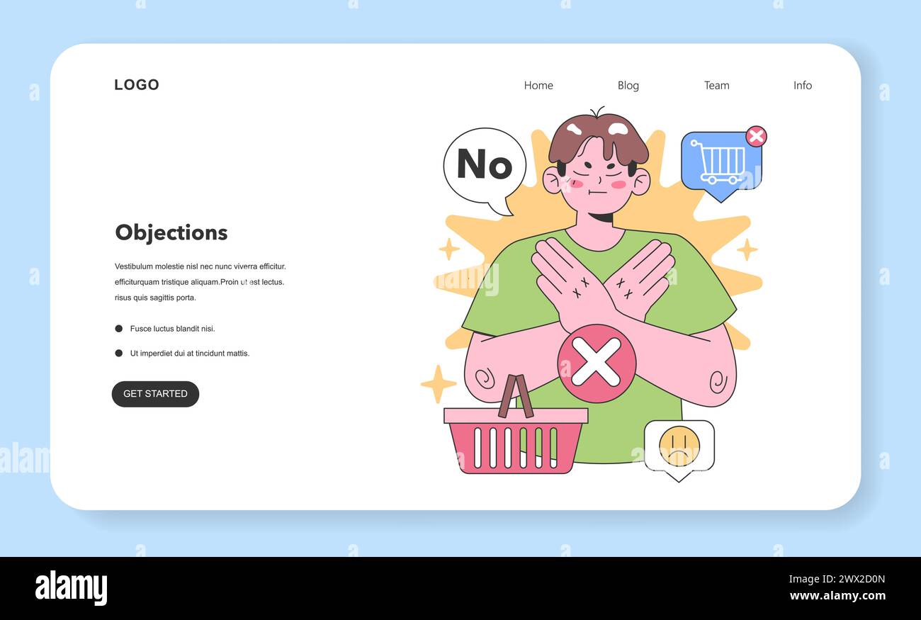 A skeptical character crosses arms, signaling 'No' to a shopping cart ...