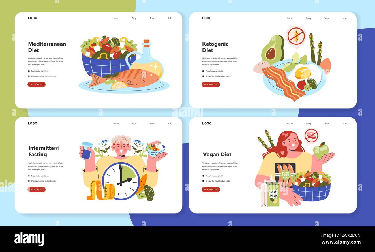 Diverse Diet Concepts Set. Illustrations of Mediterranean, Ketogenic ...