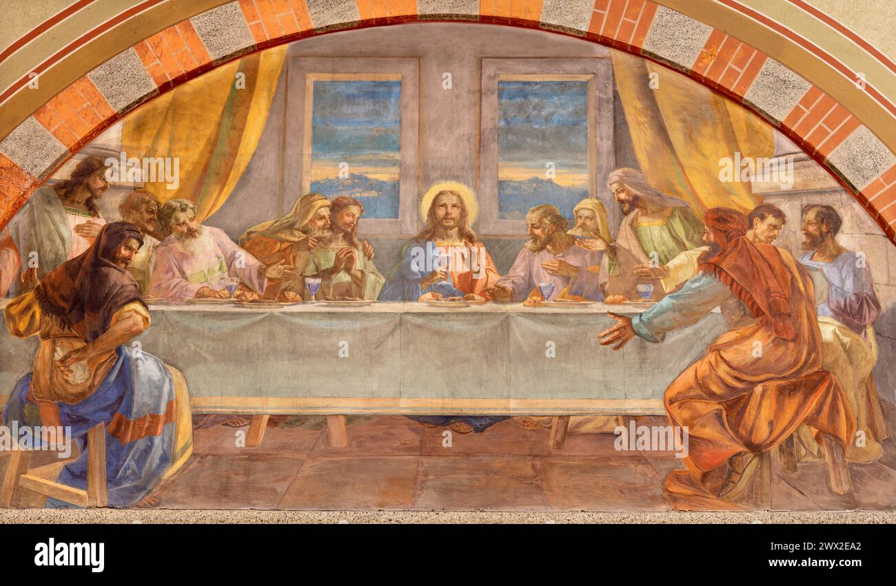 MILAN, ITALY - MARCH 6, 2024: The fresco of Last Supper in the church ...