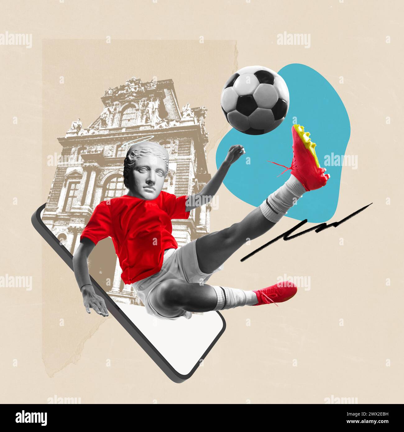 Dynamic image of woman with antique statue bust in motion over phone ...