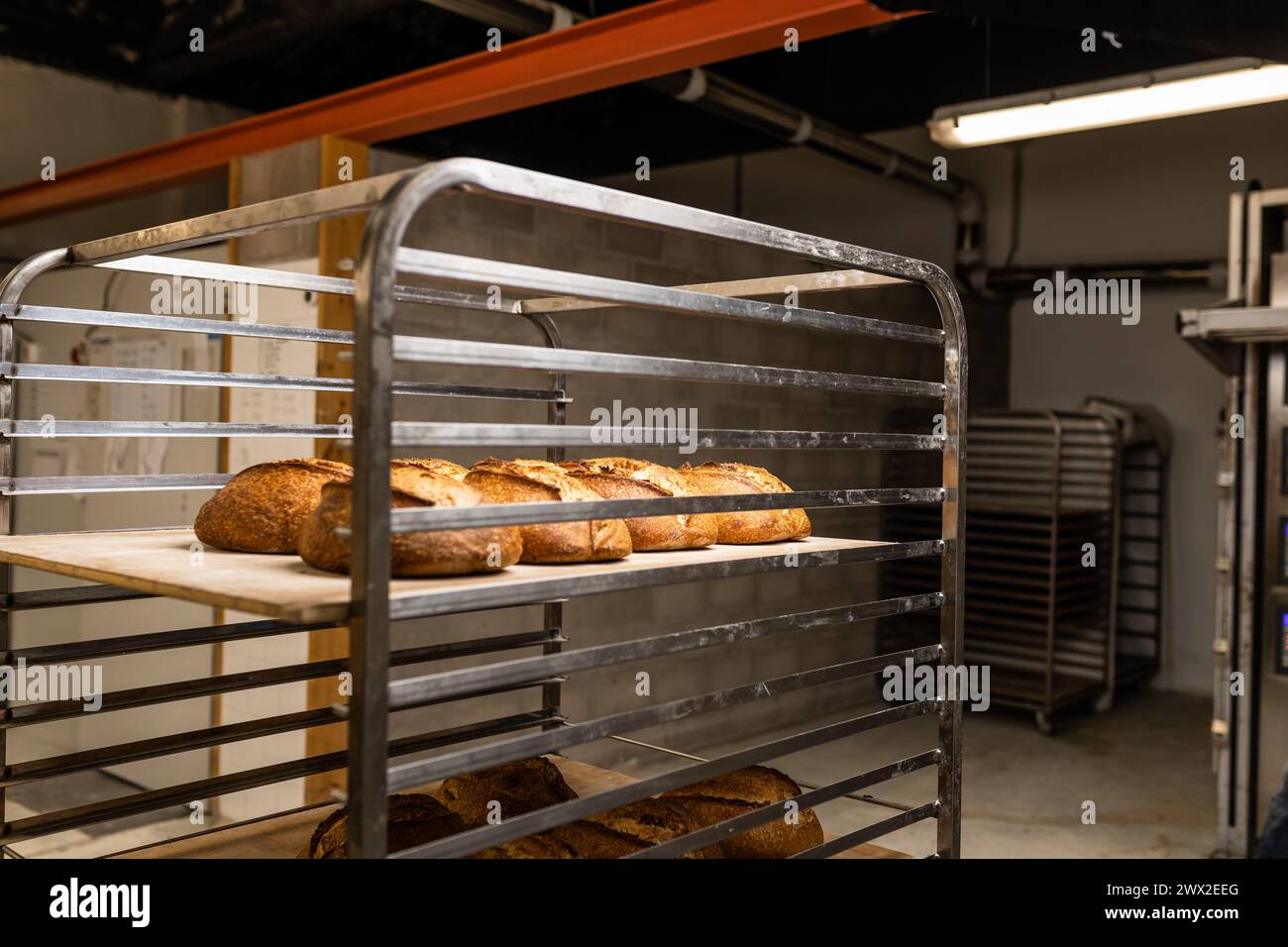 rack for trays with breads fresh from the oven Stock Photo - Alamy