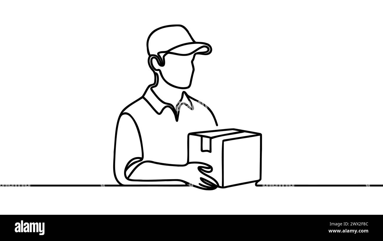 Continuous line art or One Line Drawing of delivery man standing with ...