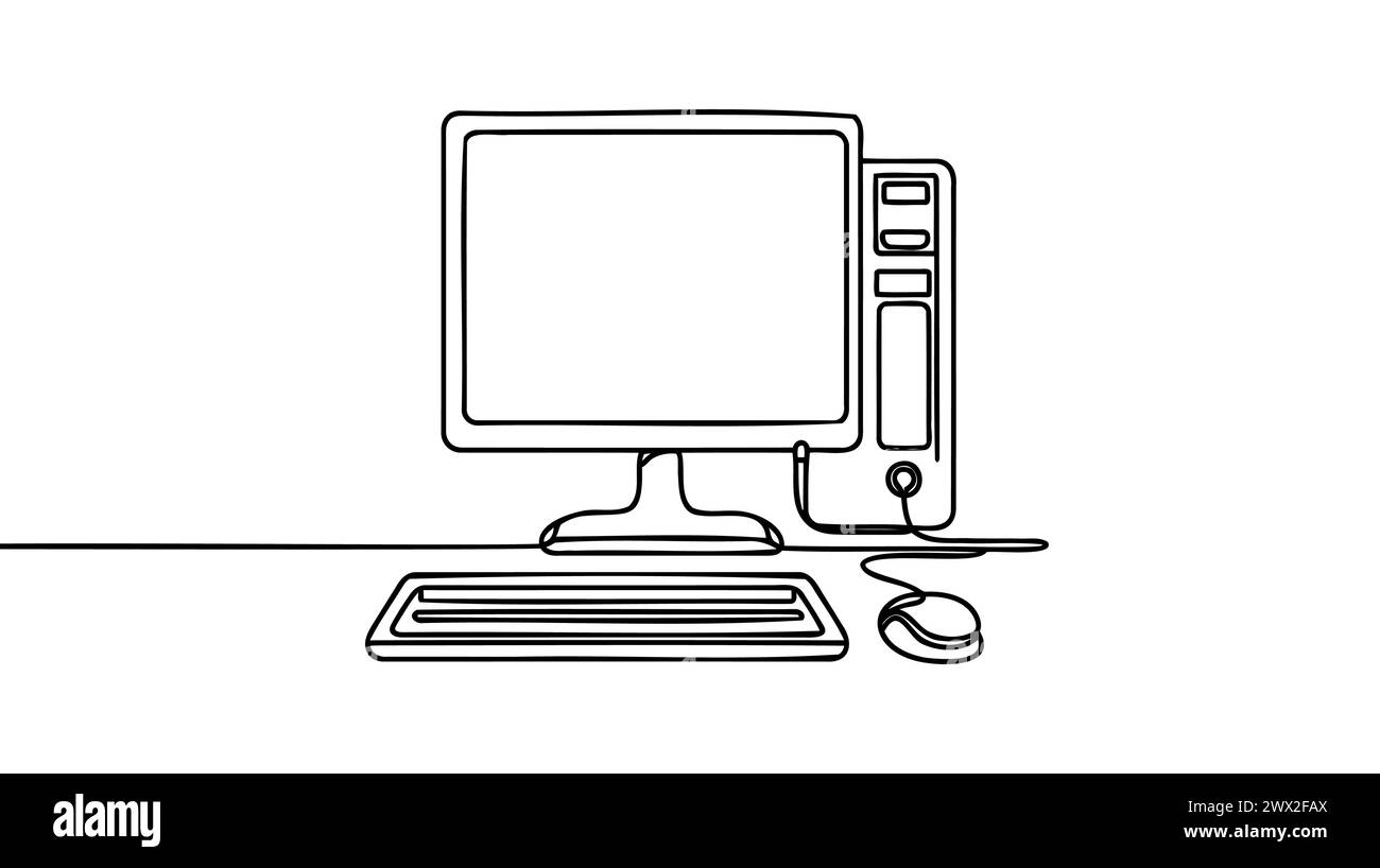 Single continuous line drawing of cpu computer unit and screen monitor ...