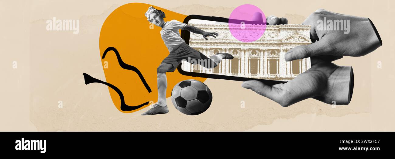 Concentrated male football player with antique statue bust playing over ...