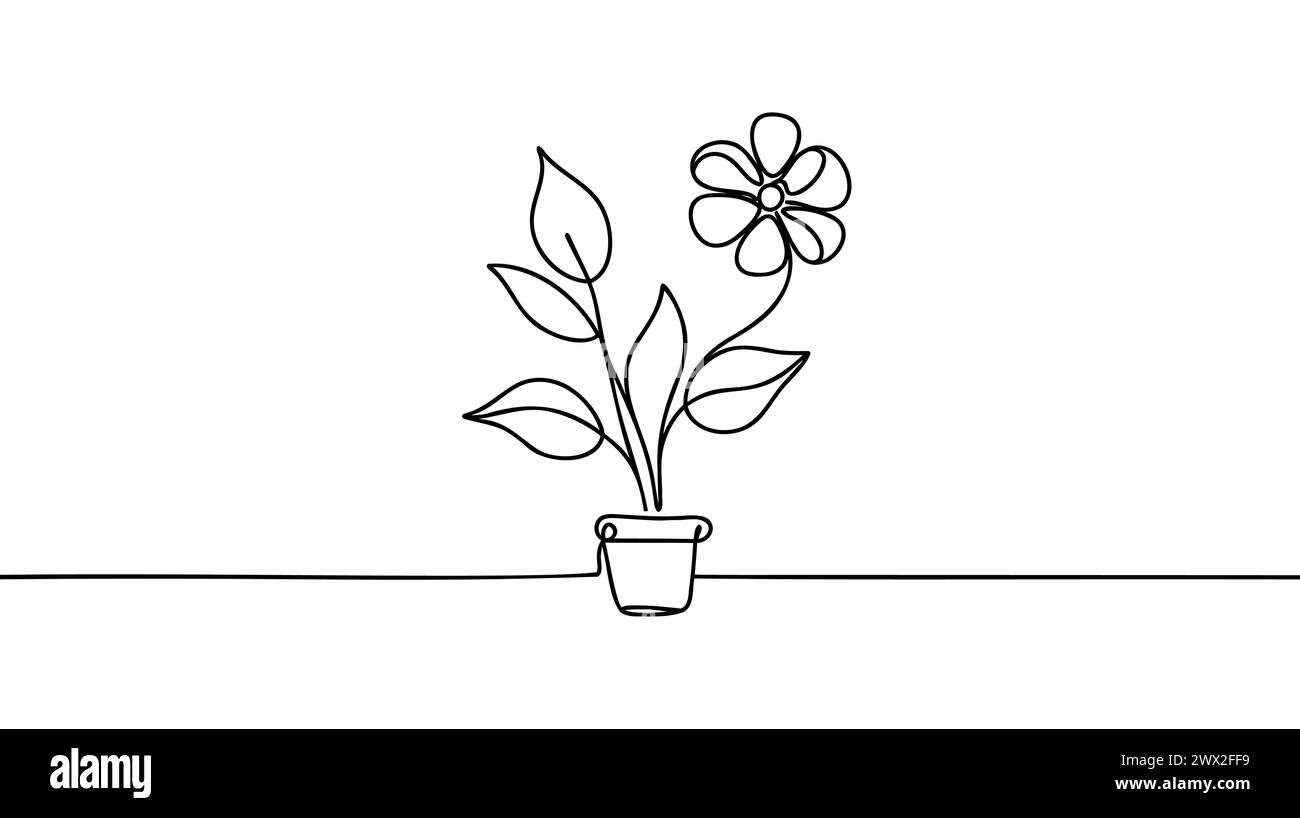 Continuous one line drawing of a flower in a pot. Beautiful flower ...