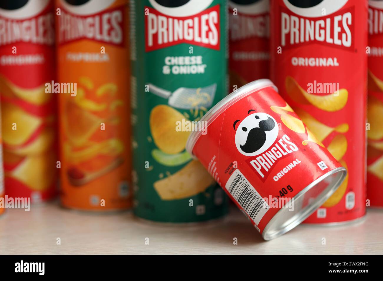 KYIV, UKRAINE - FEBRUARY 27, 2024 Pringles original potato chips on ...