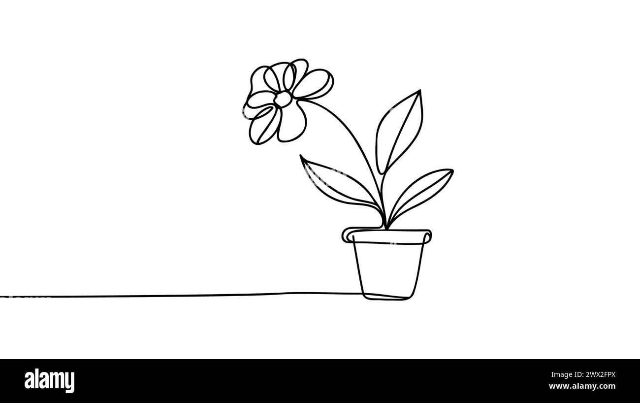 Continuous one line drawing of a flower in a pot. Beautiful flower ...
