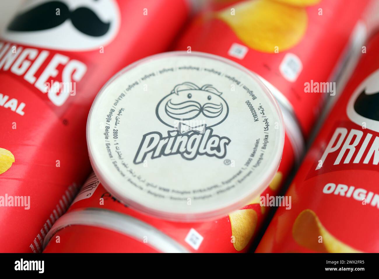 KYIV, UKRAINE - FEBRUARY 27, 2024 Pringles original potato chips on ...