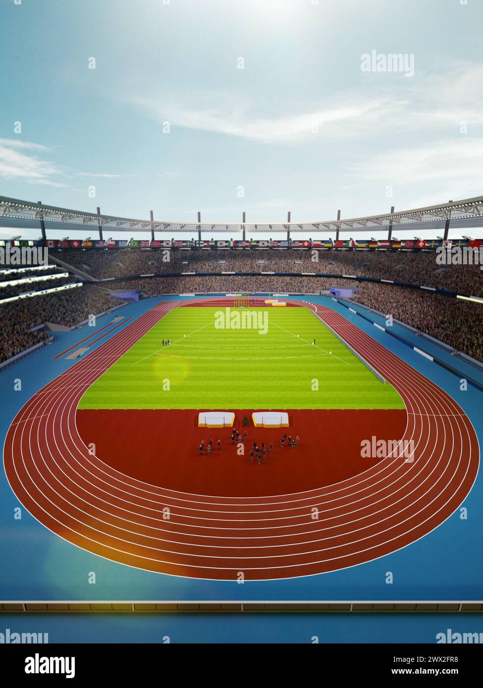 3D render of sunlit stadium filled with spectators, showcasing an ...