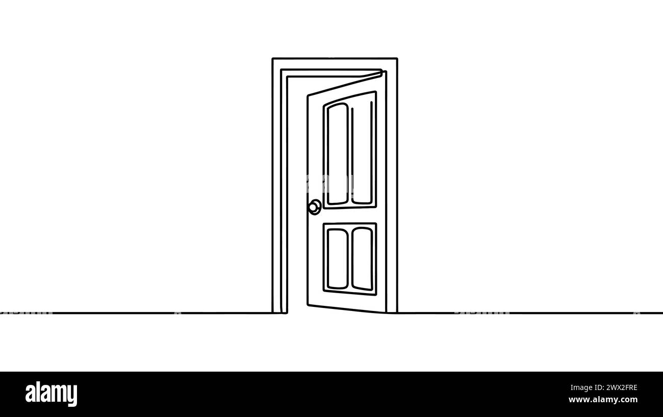 Continuous line of open doors. one line drawing of door isolated on ...