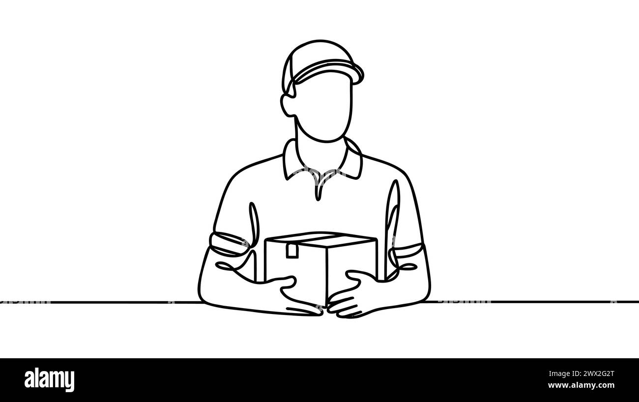 Continuous line art or One Line Drawing of delivery man standing with ...